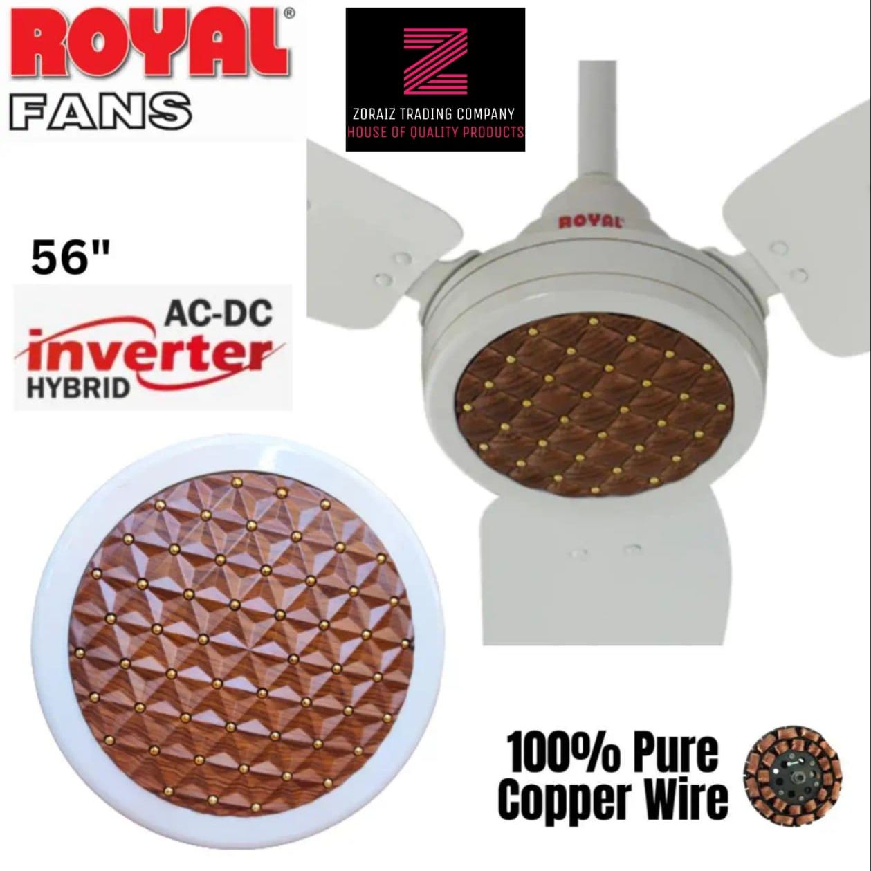 ROYAL FAN (AC-DC Ceiling Fan Inverter Hybrid) - Remote Control - Copper Winding - 56 inches ...
