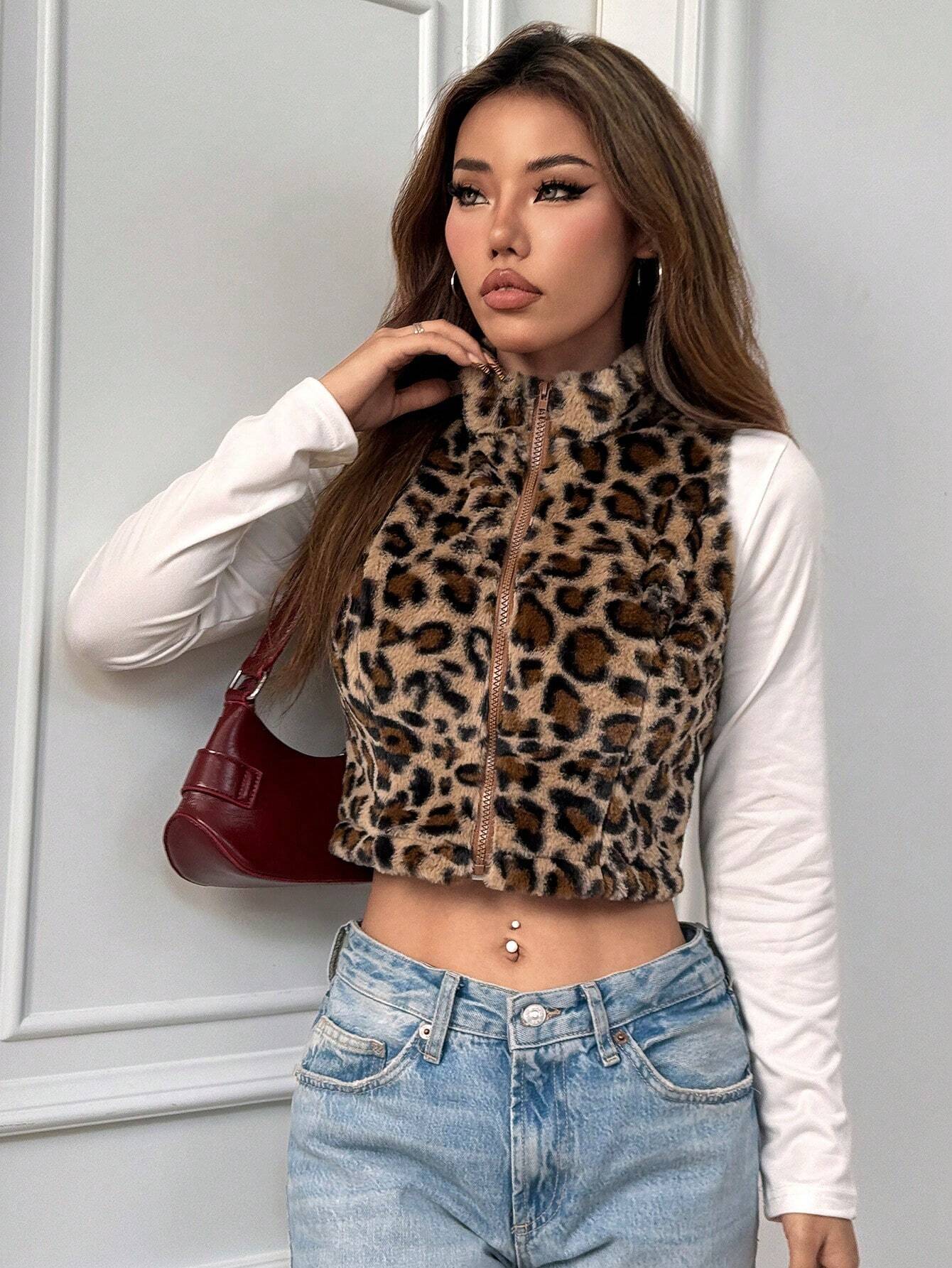 SHEIN EZwear Women's Casual Leopard Print Sleeveless Fluffy Cropped ...