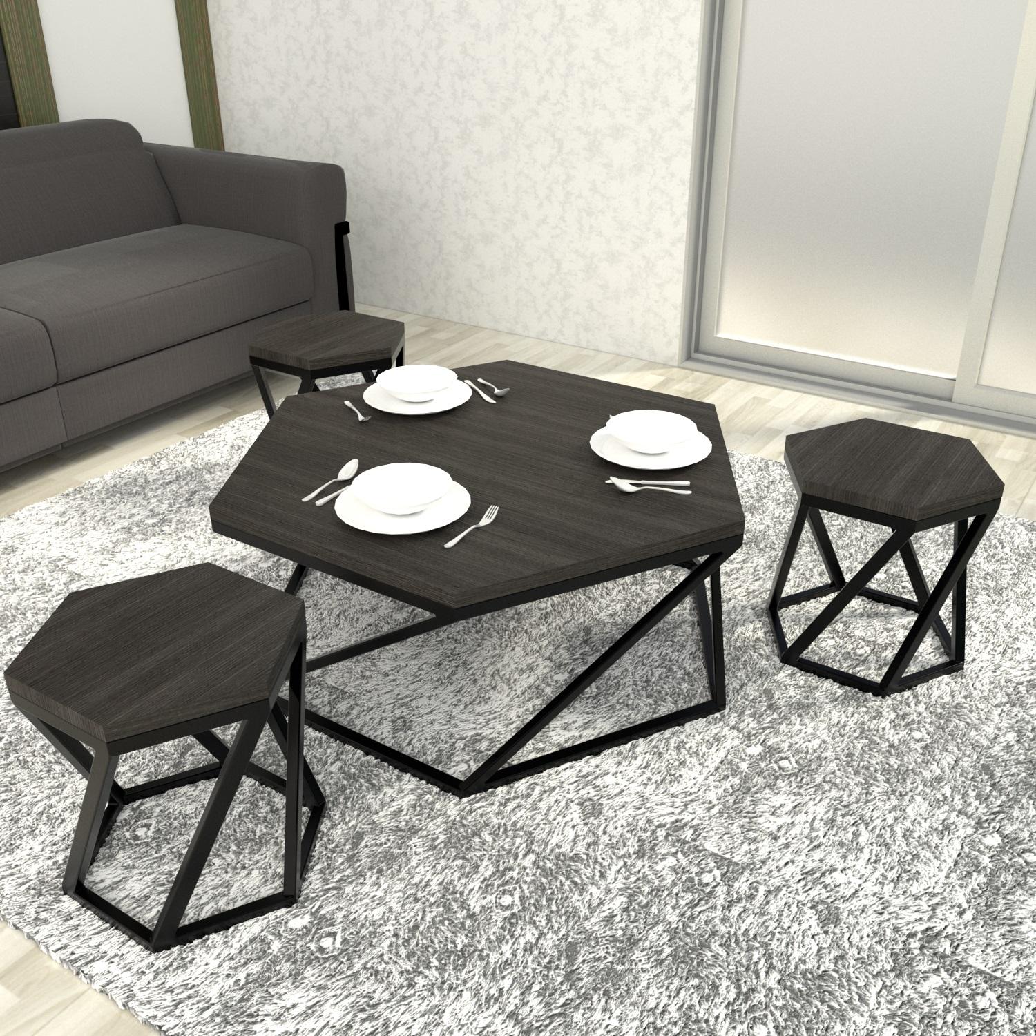 Premium Hexagon Table Set with Center Table, Wooden Coffee Table Set ...