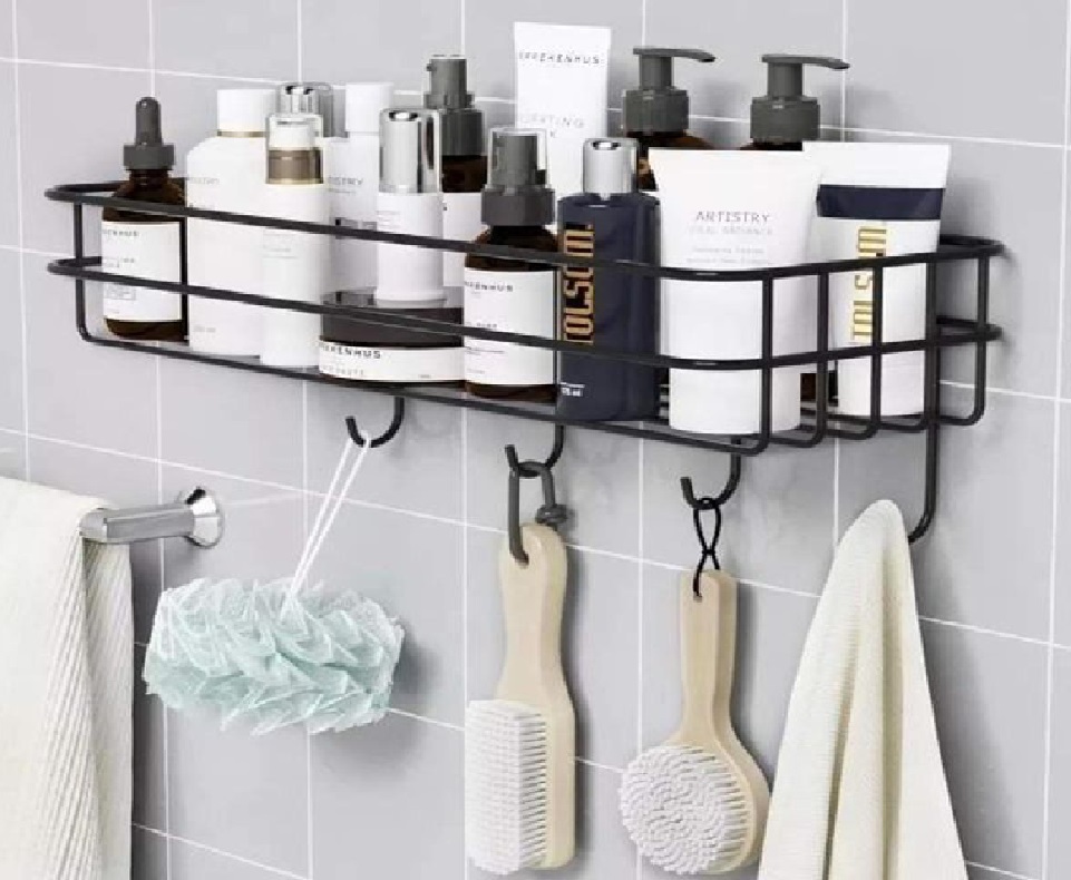 Bathroom Bookcase, Free Punch Toiletry Stand, and Wall-Mounted Shower ...