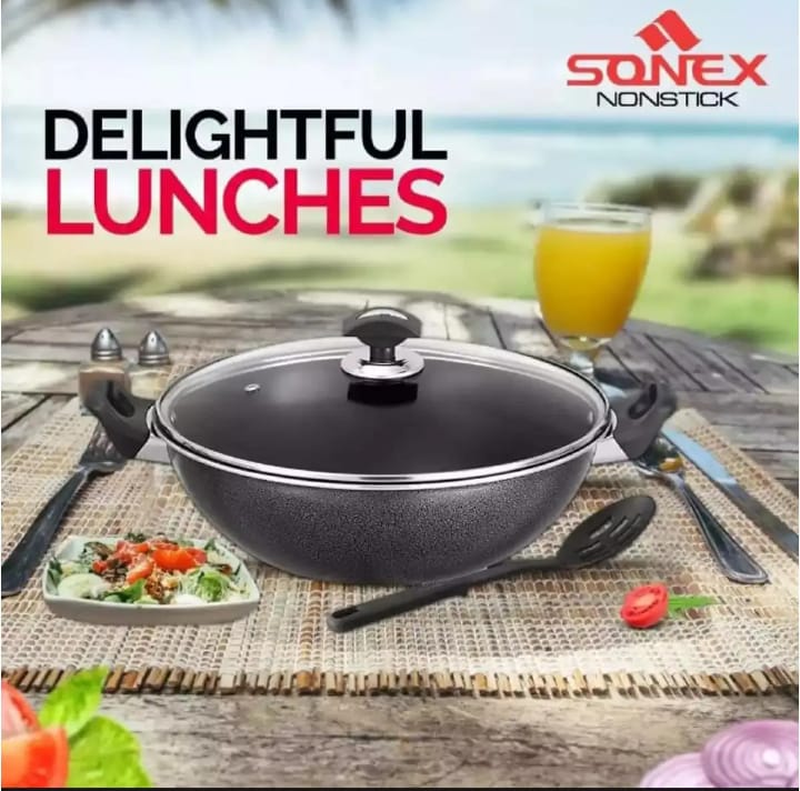 Sonex Non Stick Cooking Wok With Glass Lid - Black Karahi 27CM Only ...