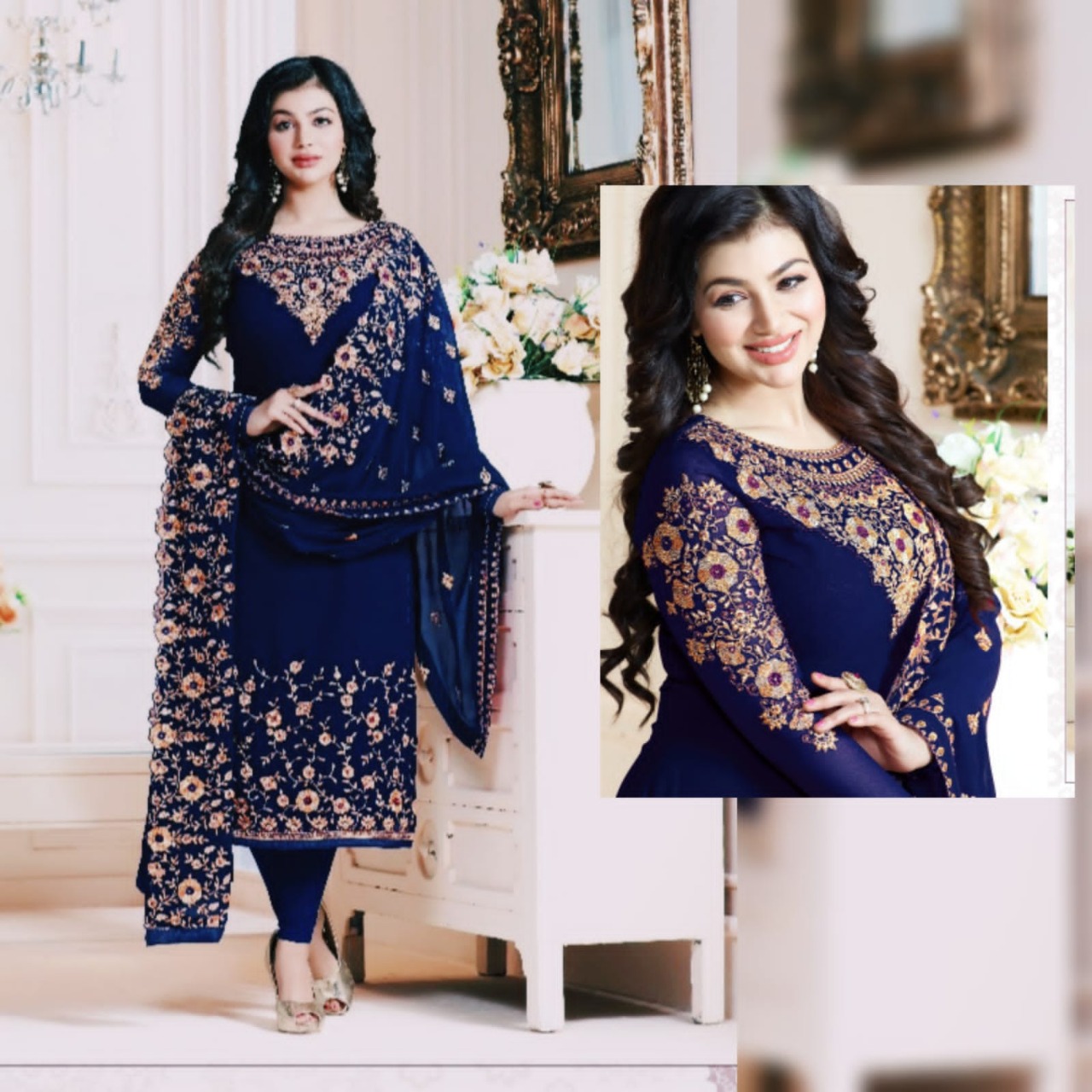 3Pc Chiffon Embroidered Unstitched Dress For Women/Ladies Blue SB-10 ...