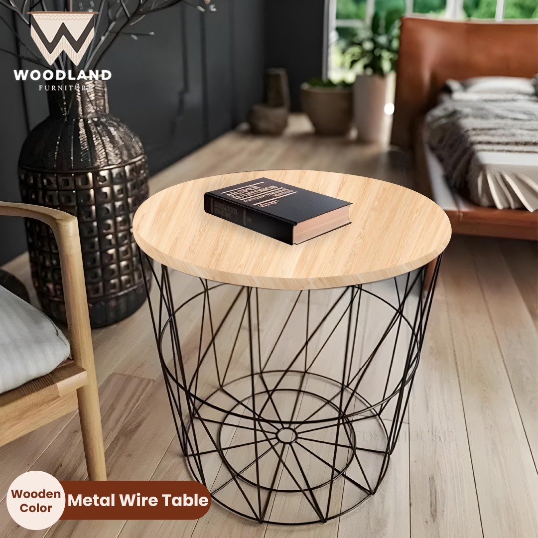 METALLO METAL WIRE REMOVABLE WOOD TOP FOLDABLE ROUND COFFEE SIDE TABLE ...