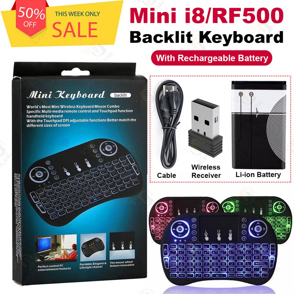 RF500 i8 Mini Wireless Backlit Keyboard 3 Colors Touchpad Air Mouse ...