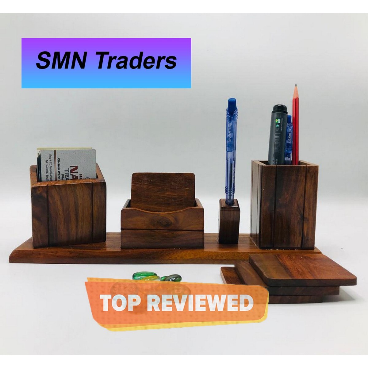 Wooden office Desk Organizer set (6 Tea Coaster/Coasters, Pen Stand and ...