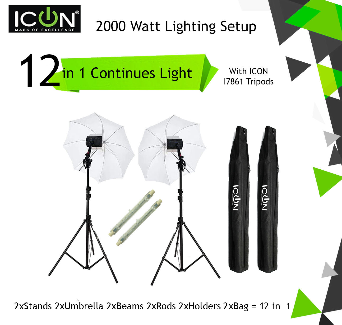 Combo KIT - ICON 8 Foot Long Light Stand Studio Umbrella Continuous ...