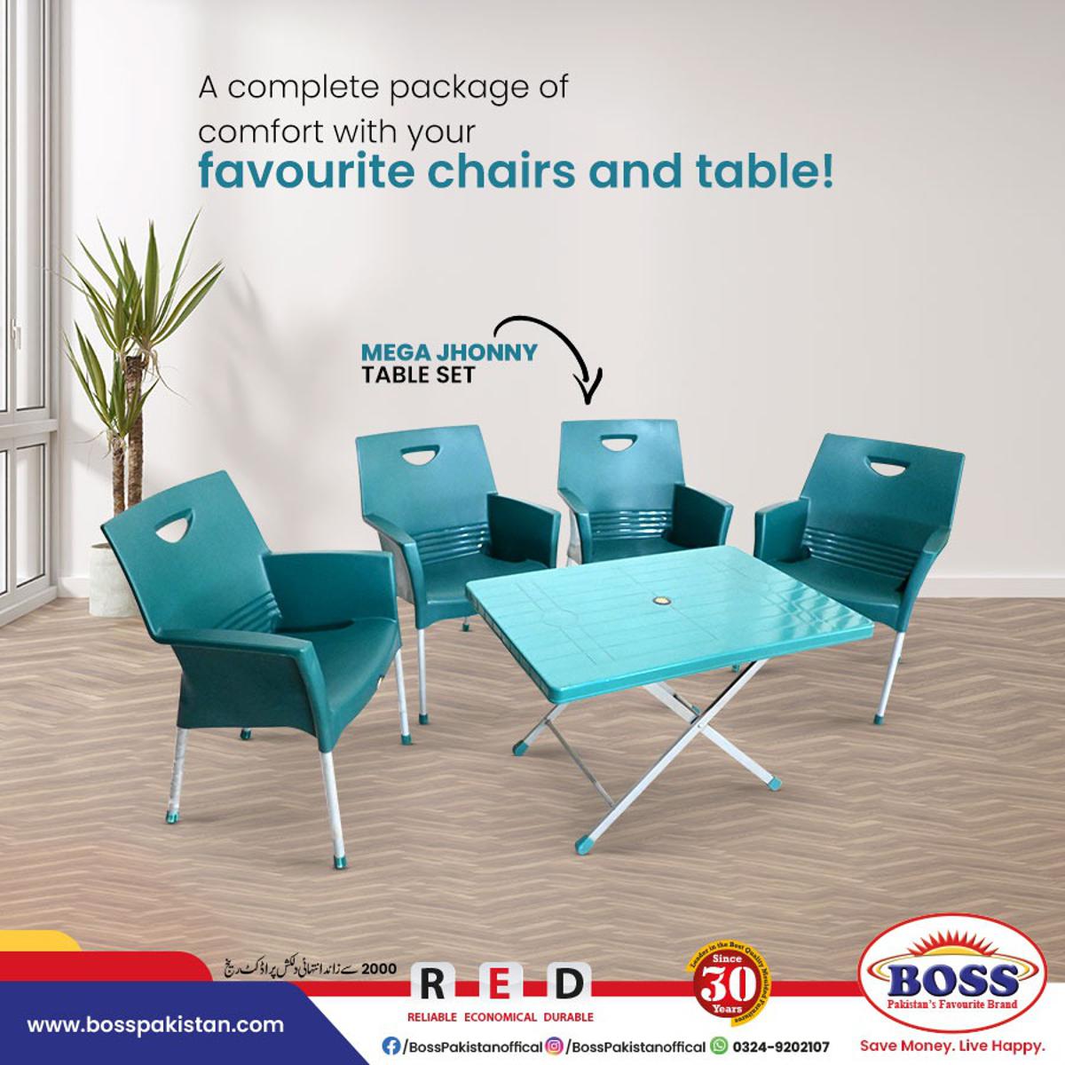 Boss BP-317 Mega Joni Chair (Pack of 4) BP-214 Steel Plastic Table (2 X ...