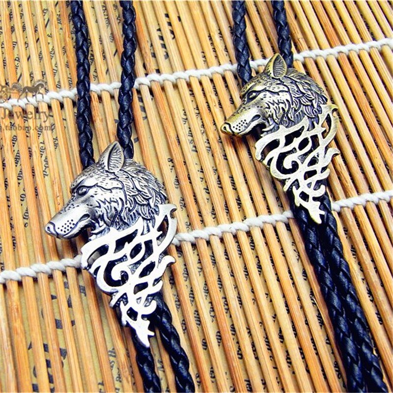 Bolo tie Retro shirt chain Wolf badge Poirot led rope leather necklace ...