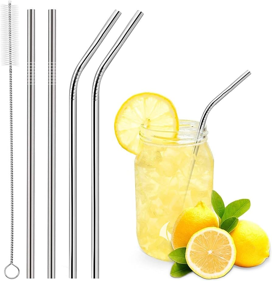 Pack of 5 - 4 Bent Stainless Steel Reusable Drinking Straws With ...