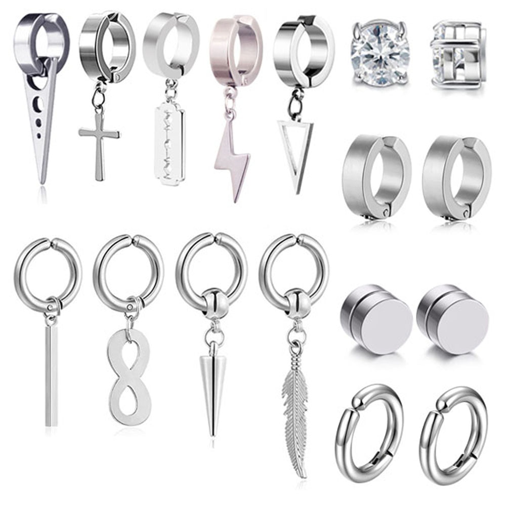 17Pcs Clip on Hoop Earrings for Men Women Stainless Steel Non Piercing ...