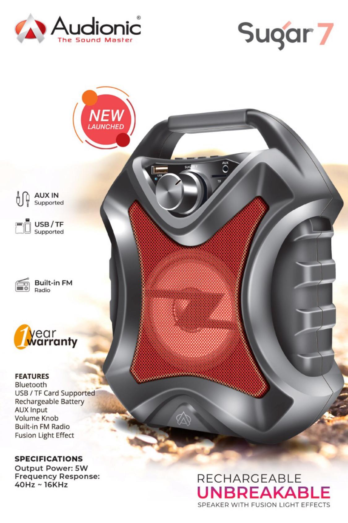 AUDIONIC SUGAR 7 LIGHTED WEIGHTED PORTABLE BLUETOOTH SPEAKER | Daraz.pk