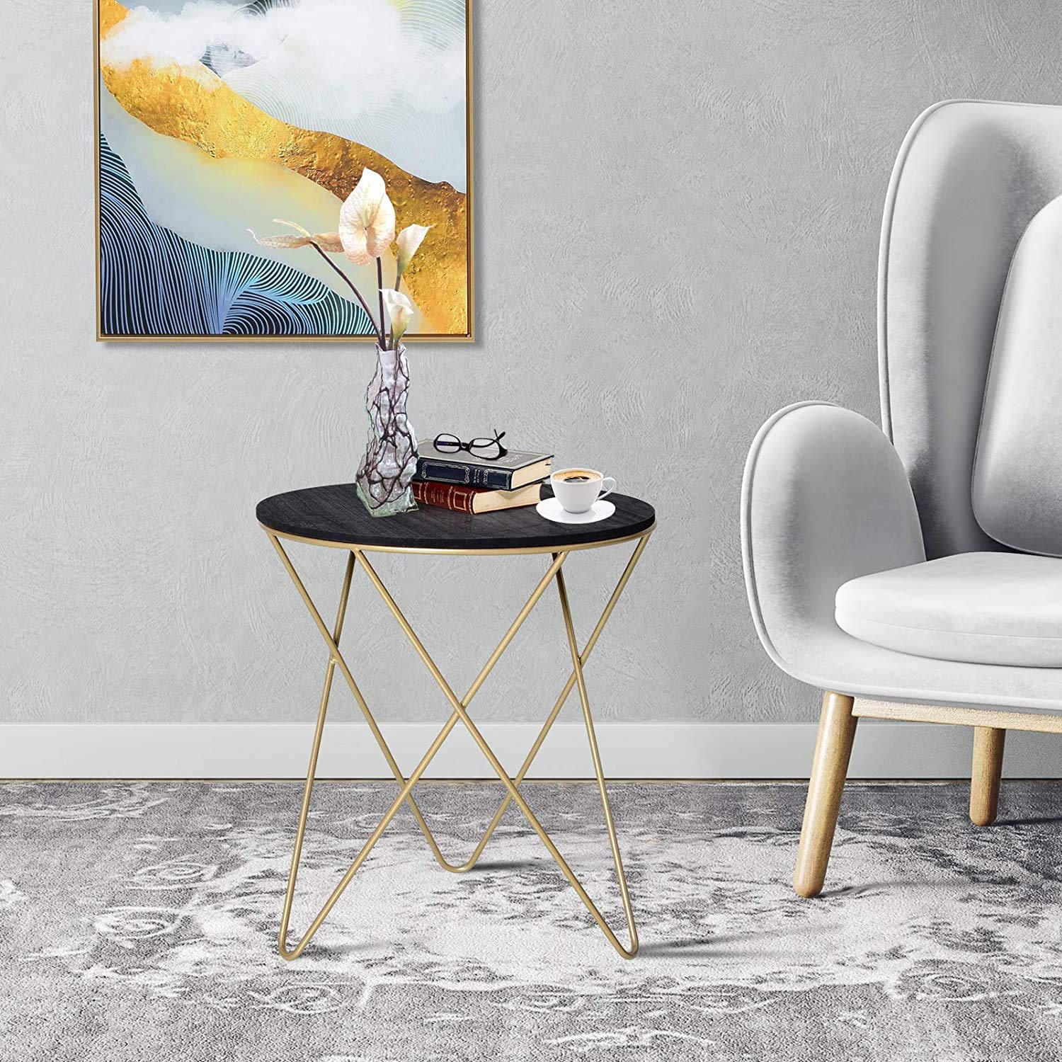 Round End Table with Black MDF Golden Legs and Metal Frame, Modern Side ...