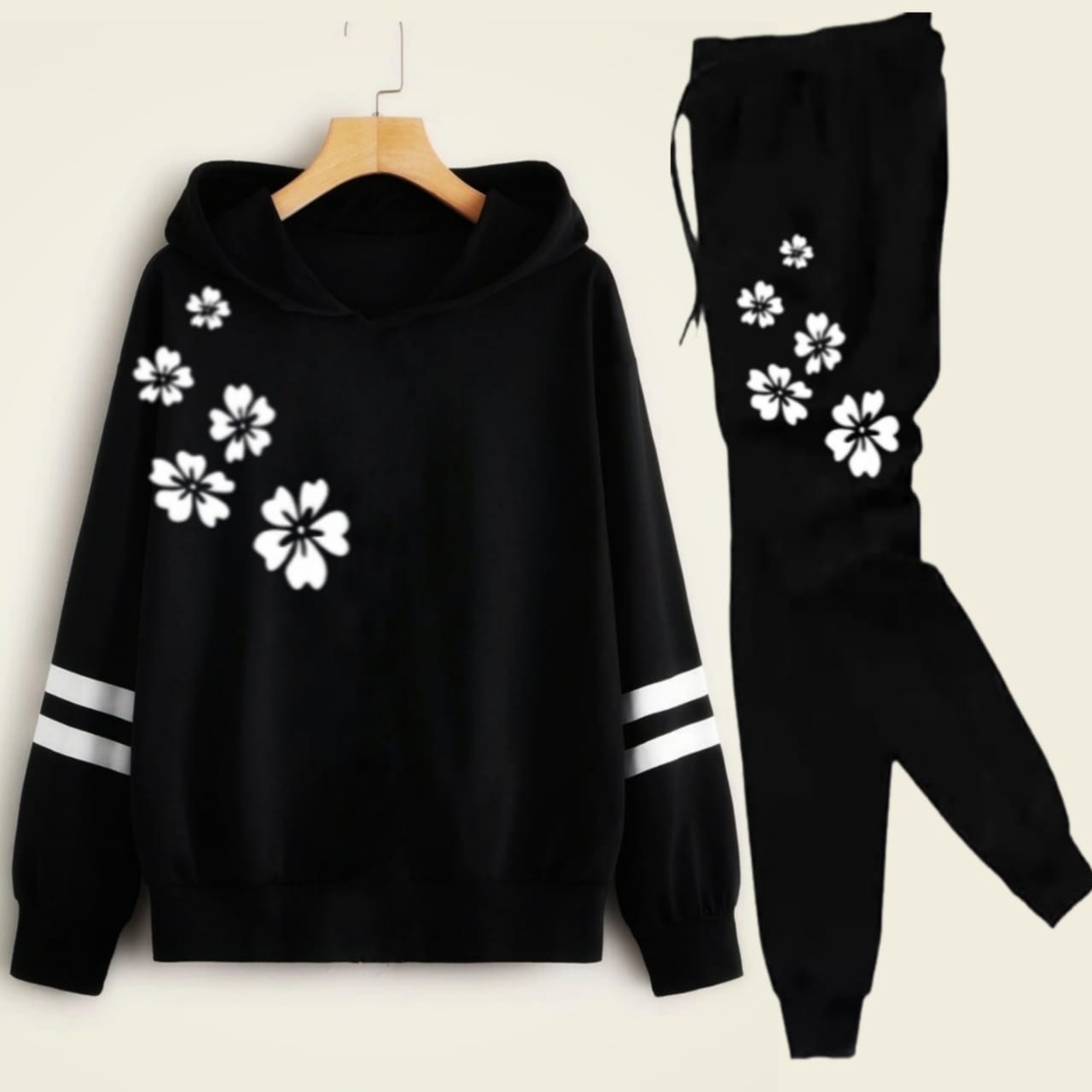Black Double Stripe Side Flower Printed Tracksuit For Girls & Women ...