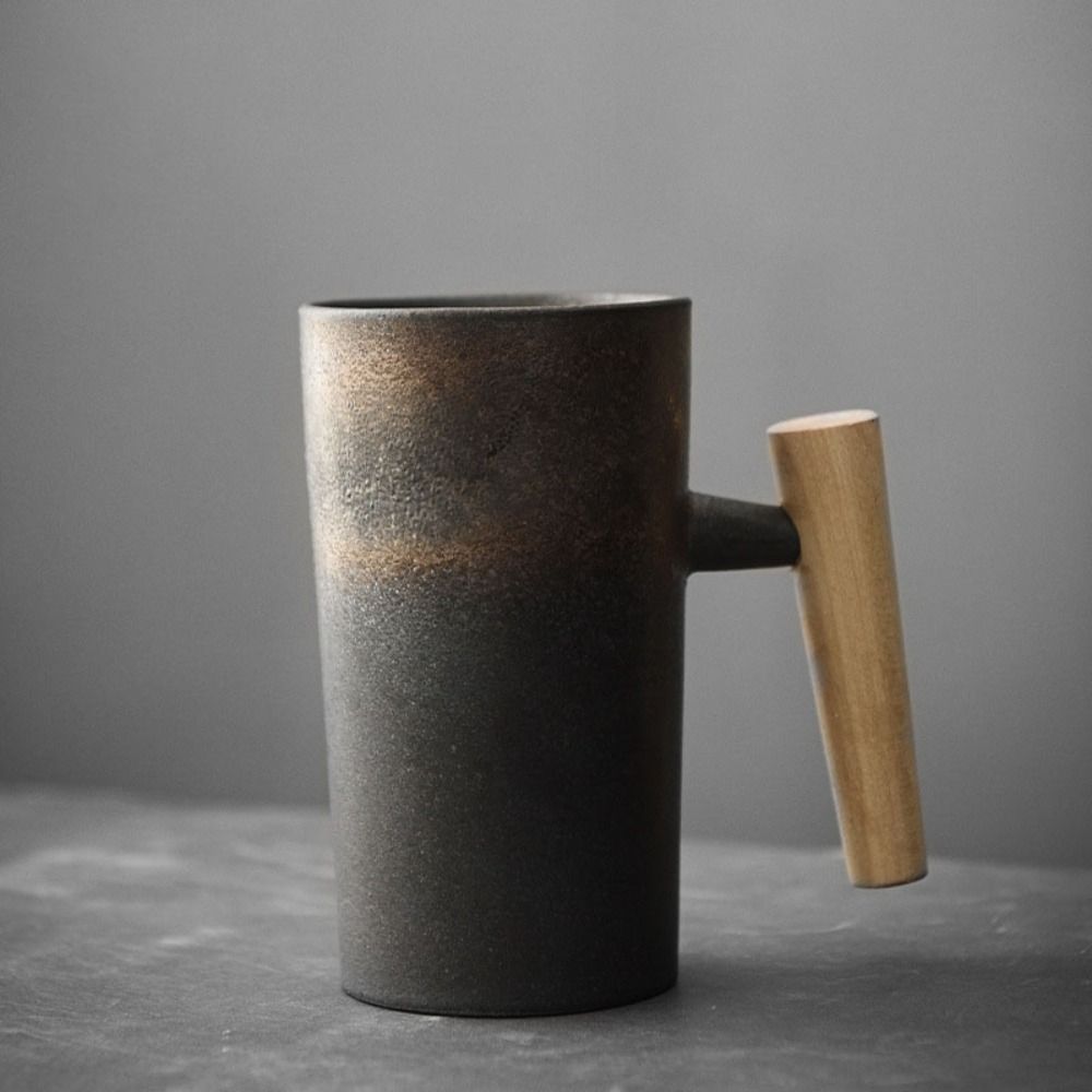 Vintage Ceramic Mug Fashion Wooden Handle Handmade Drinking Cups Matte ...