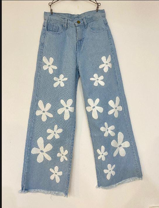 Wide Leg Flower Design Printed Jeans Flapper For Girls and Womens ...