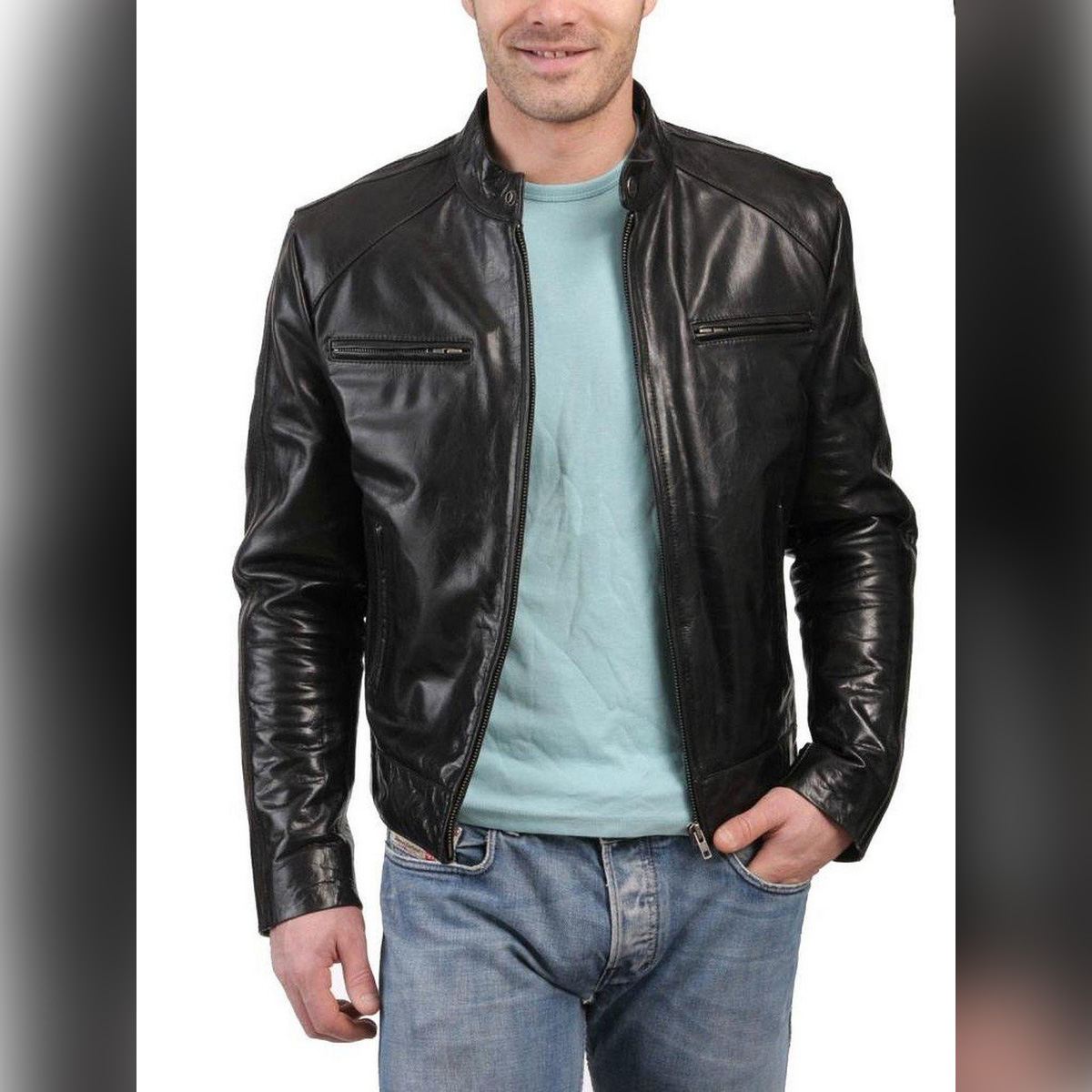 Leather Jacket For Men Shine Black Biker Style Decent Leather Jacket ...