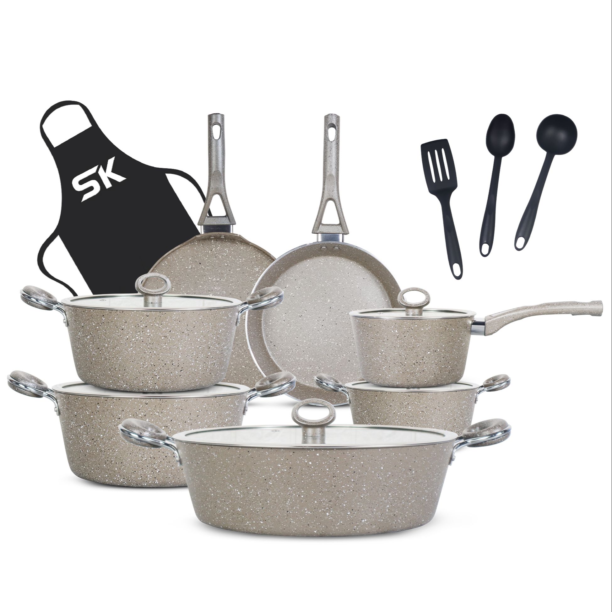 SK 16 Pieces Marble Coated Gift Pack Signature Cookware Set - Beige ...