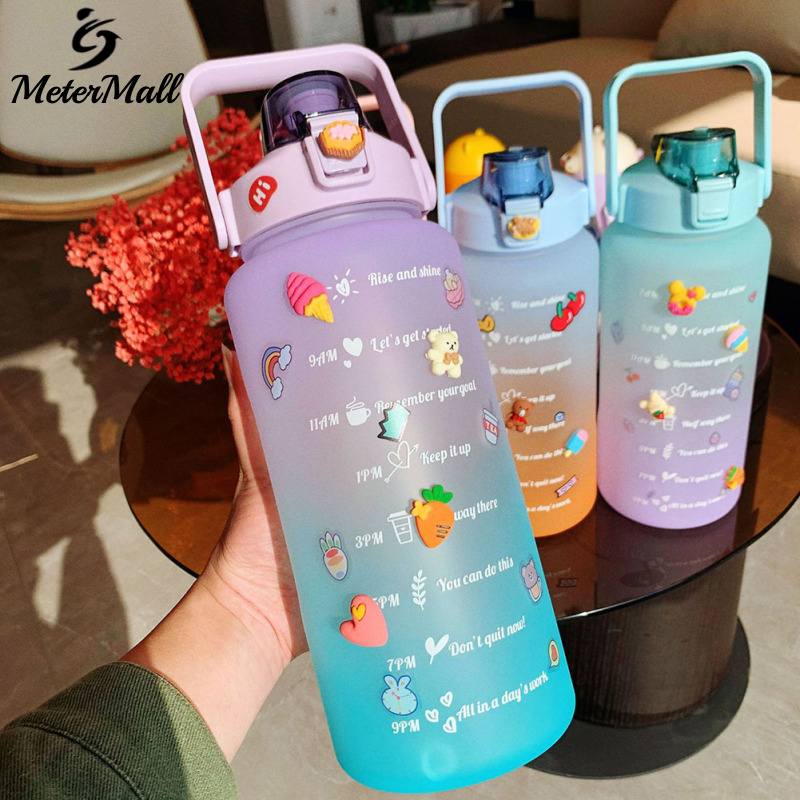 MeterMall Gradient Color Water Bottle With Time Scale Reminder 2l Large Capacity Frosted Cup ...