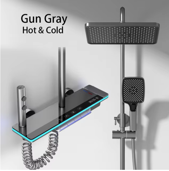 Digital Display Shower System Brass Waterfall Shower Bathroom Faucet Set Rainfall Temperature ...