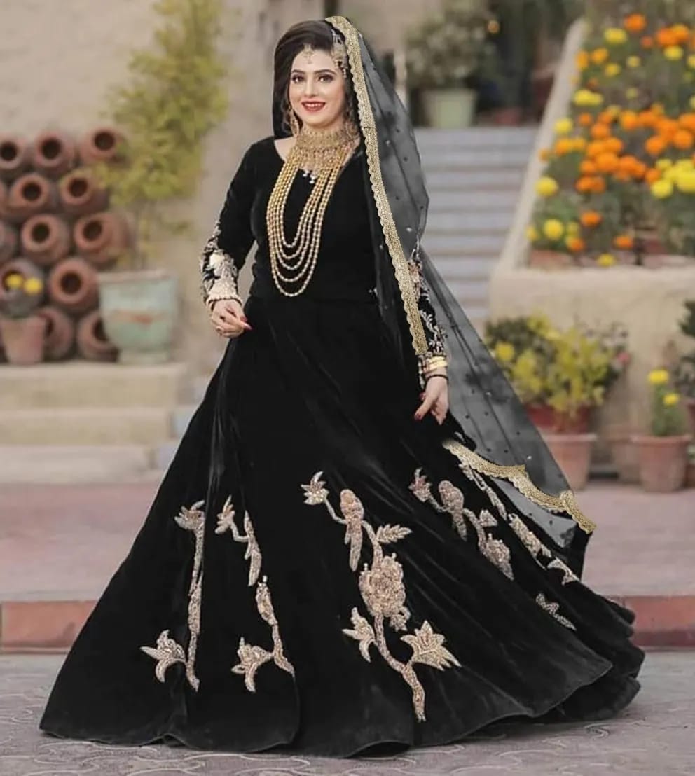 Stitched Elegant Long Embroidered Velvet Frock for Women with Dupatta ...