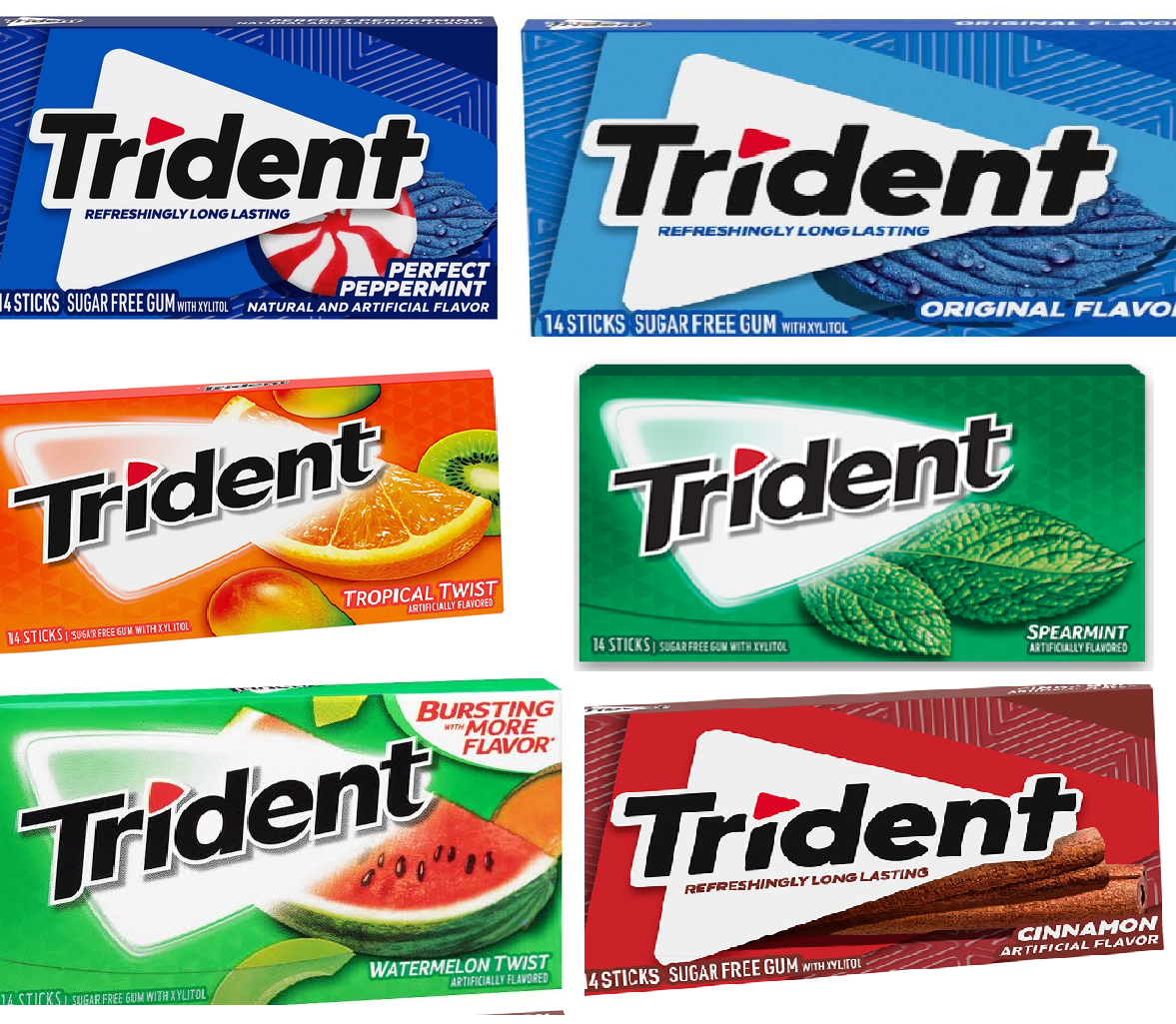Pack of Trident Bubble Gum, Peppermint, Original, Watermelon, Tropical ...