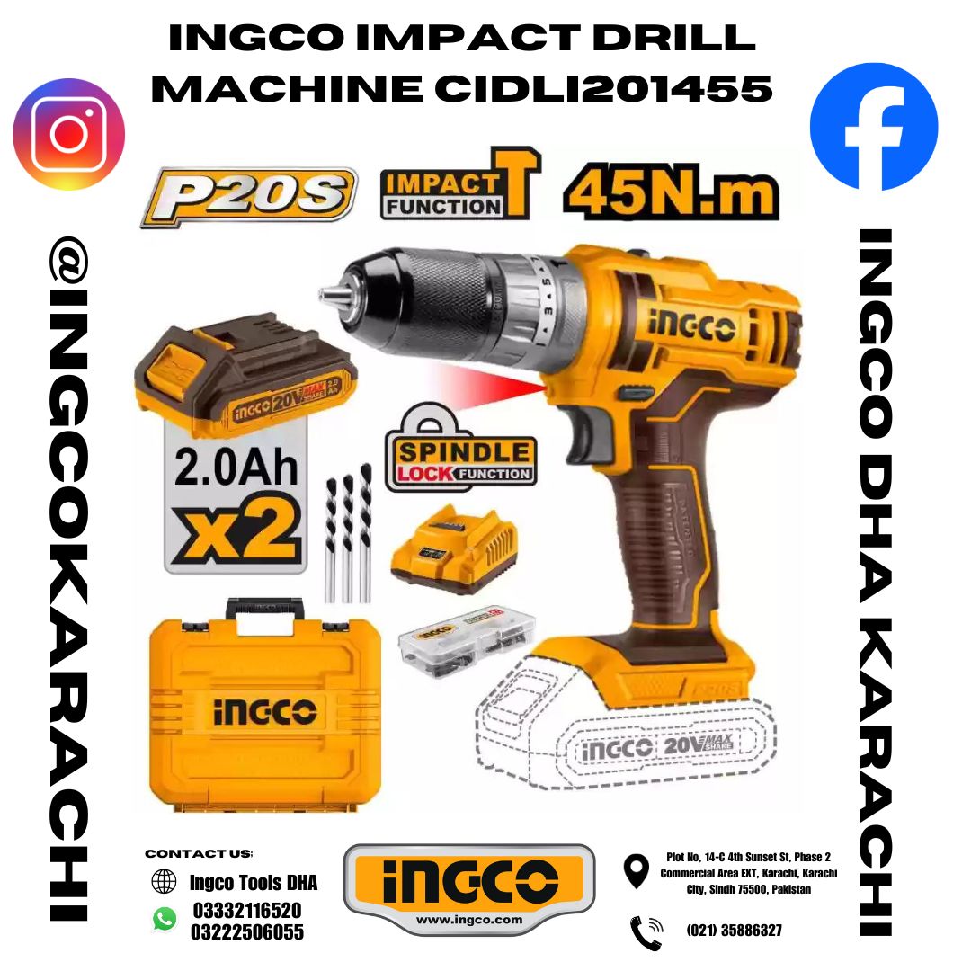 Ingco CIDLI201452 20V Impact Drill - 45Nm Torque, 2-Speed Gear, Auto ...