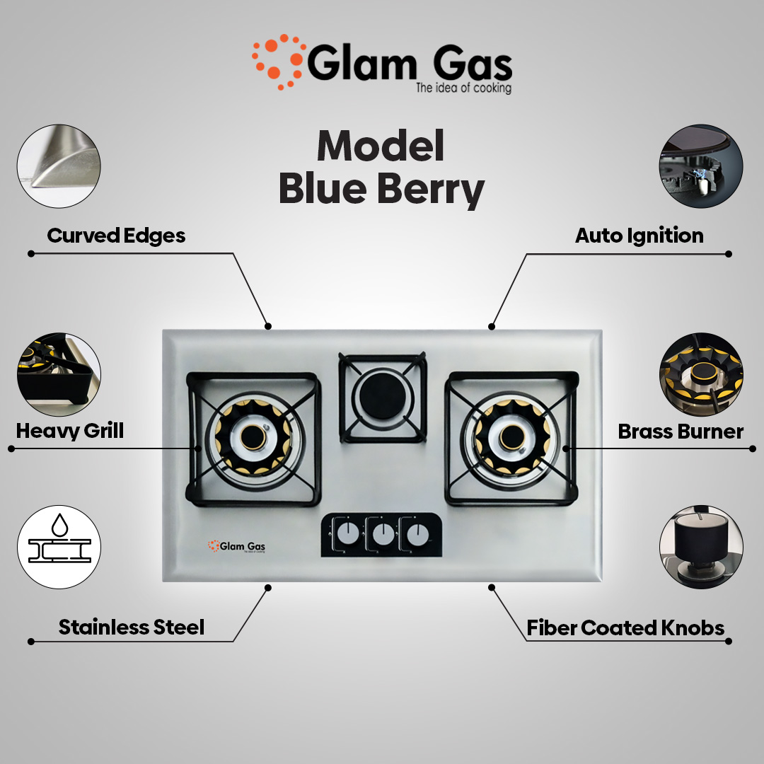 Glam Gas Blue Berry Hob | 3 Burner | Gas Stove | Kitchen Gas Stove ...