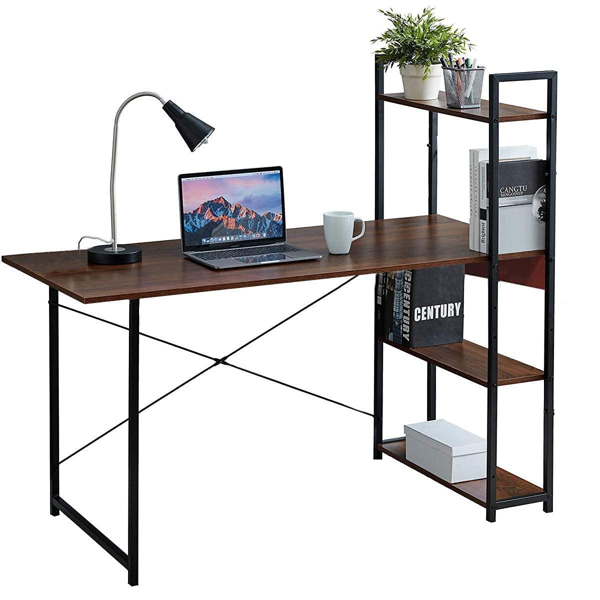 Wooden Laptop Computer Desk Study Writing Table with 4 Tier Shelf ...
