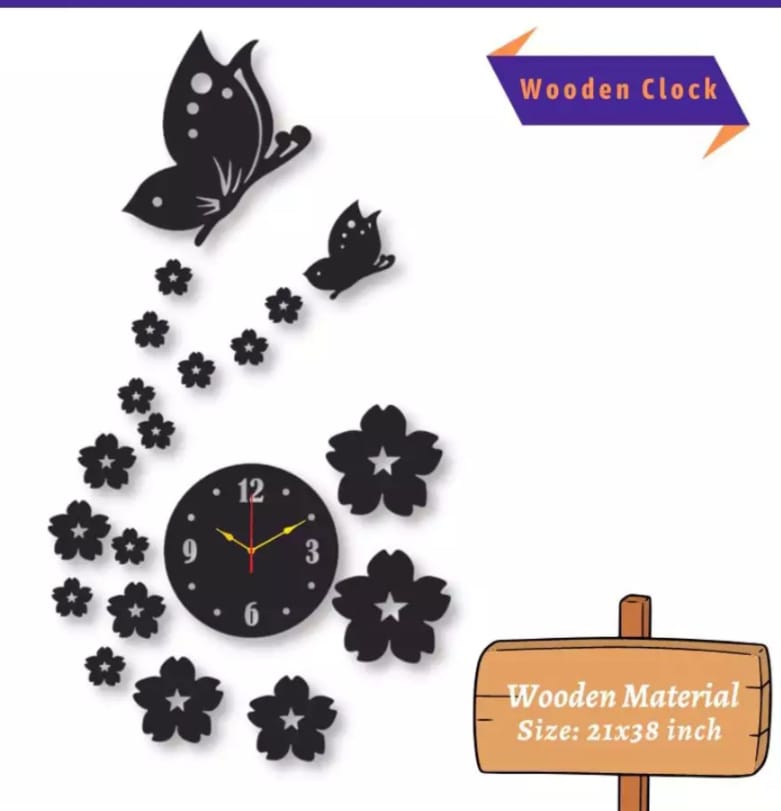 Wooden Large Wall Clock Modern Flower With Butterfly Design 3D Wall Clock Silent Home Decor ...