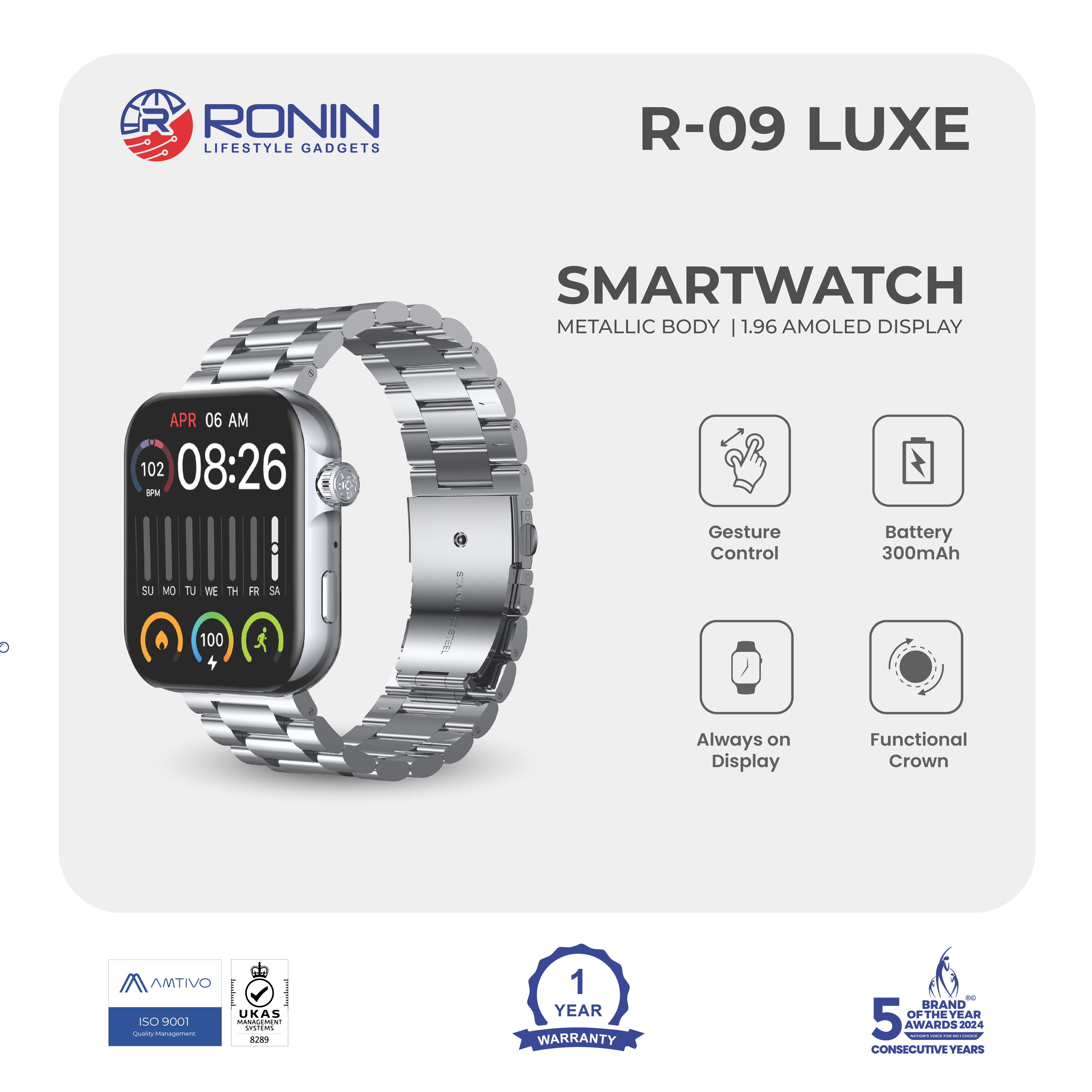 Ronin R-09 Luxe Smart Watch, Premium Design, IPX68 Water Resistance ...