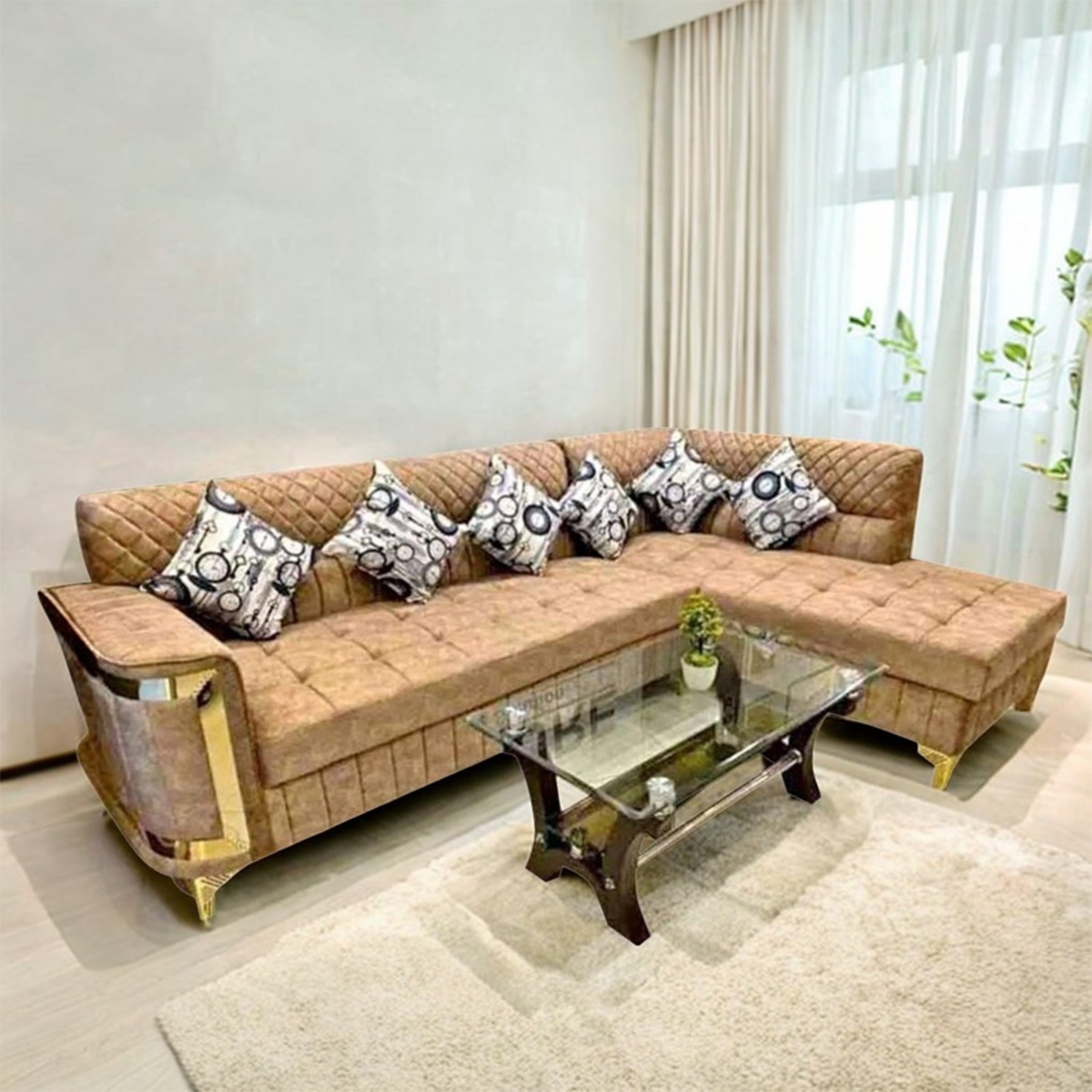 sultan furniture 6 seater fancy L shape sofa in imported fabric and SS ...