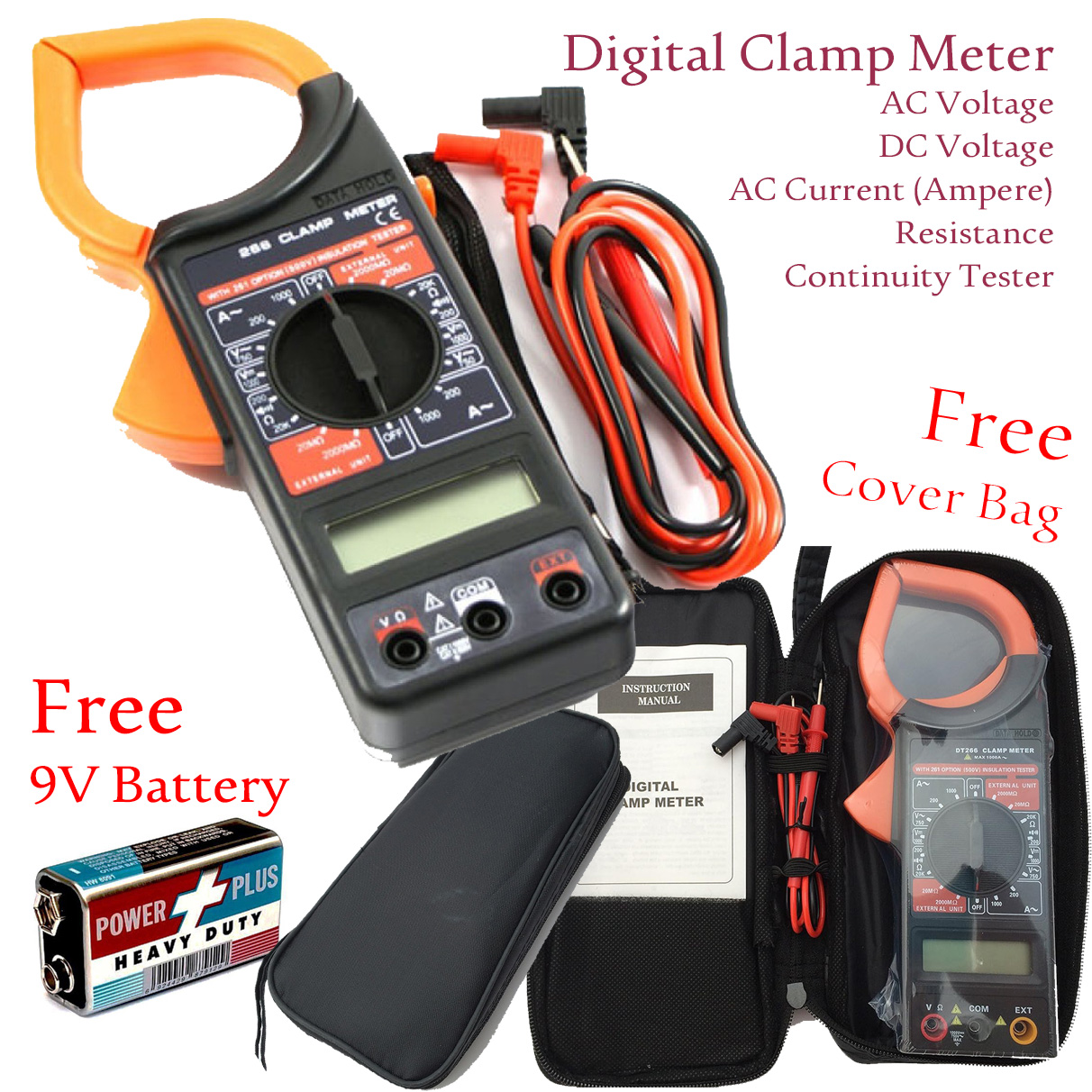 Digital Clamp Meter with Free Bag and Battery, AC Current Ampere Meter ...