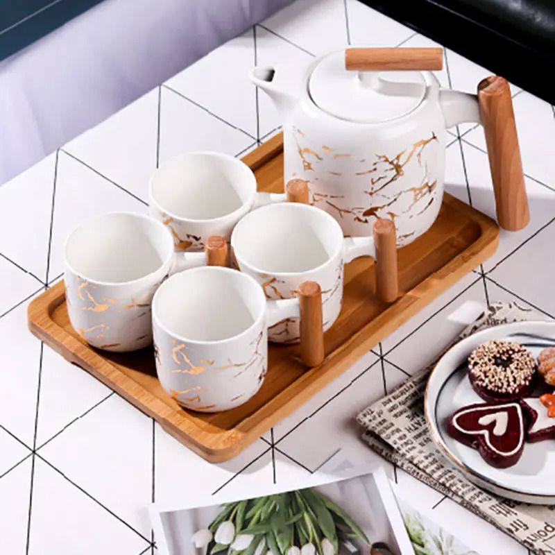 Techmanistan 6 Pieces Marble Pattern Household Tea Cups Set With Teapot ...