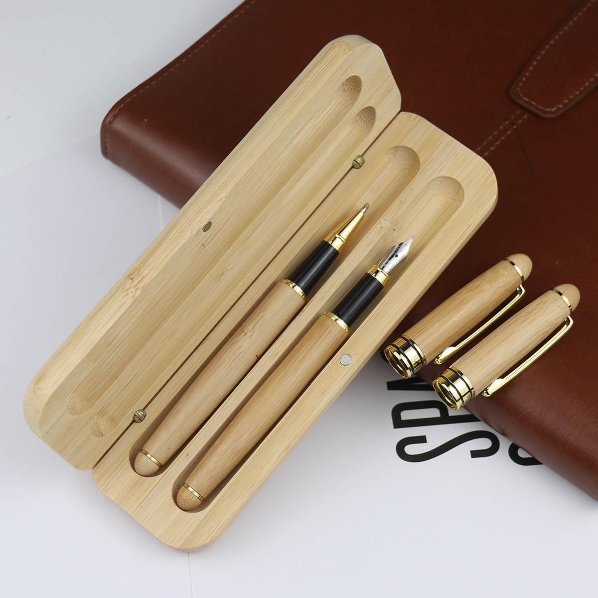 High-grade bamboo ballpoint pen handy business gift fountain pen set ...
