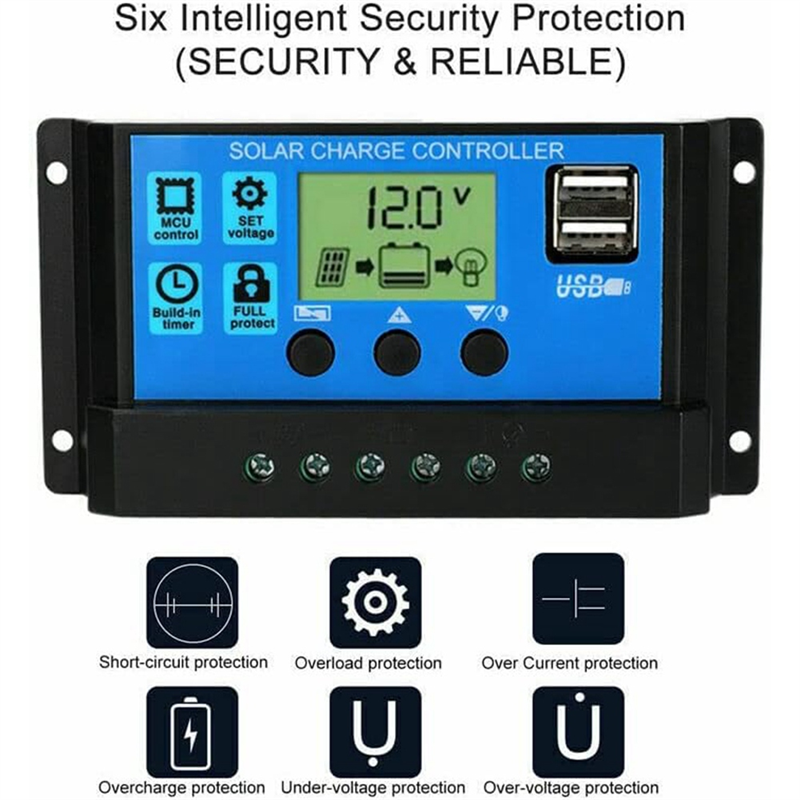 100A Solar Charge Controller Solar Panel Battery Intelligent Regulator with Dual USB Port, LCD ...