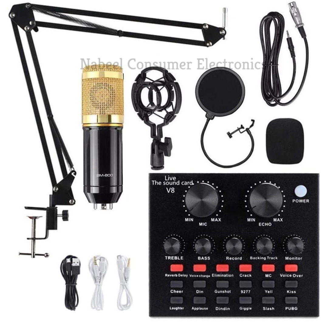 Bm 800 Condenser Microphone With V8 Sound Card & Microphone stand ...