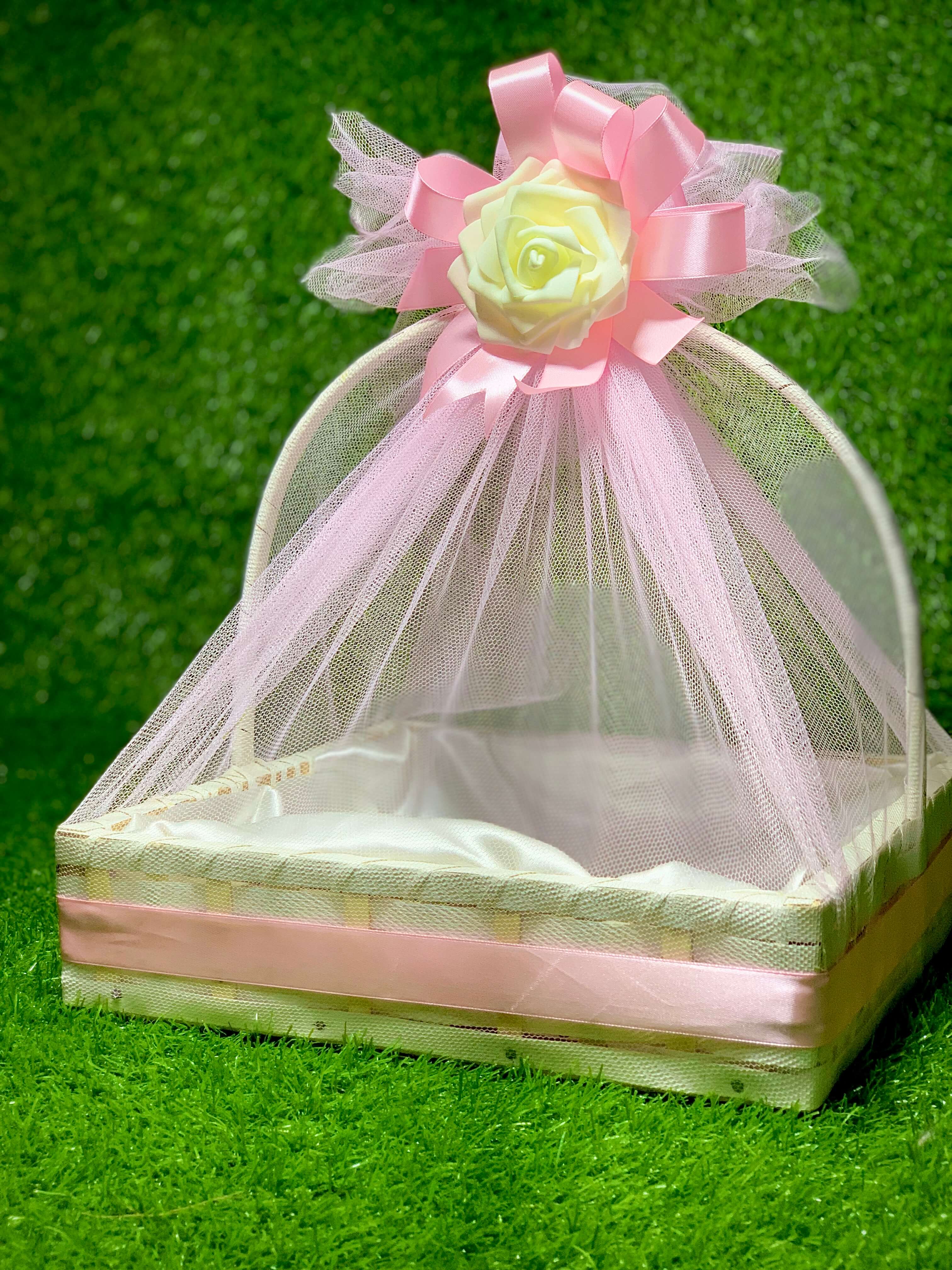 Beautiful Gift Basket with pink net Wrap and beautiful flower Best for ...