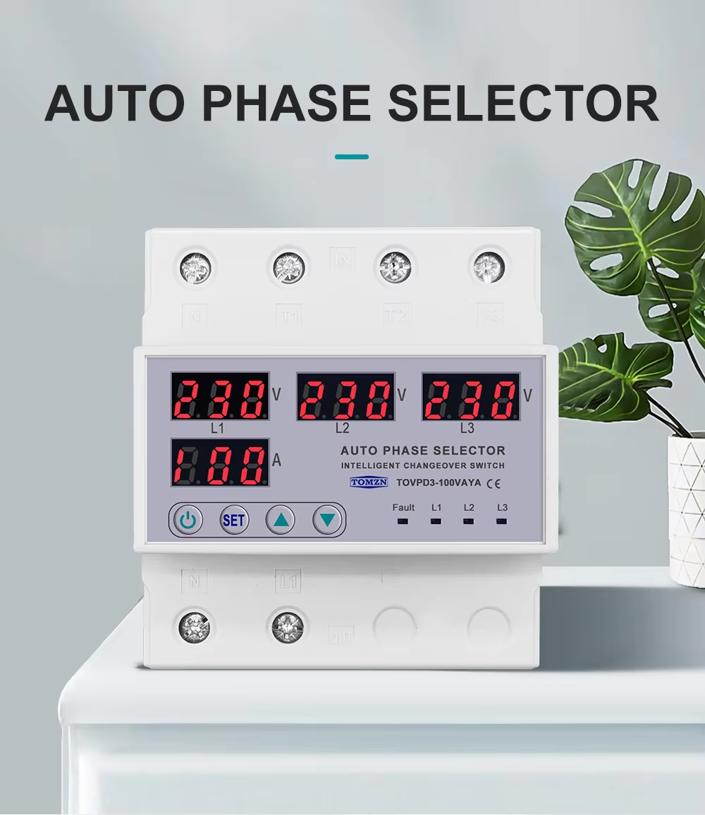 Tomzn 3 phase Auto Phase Selector 63A Voltmeter adjustable Over and ...