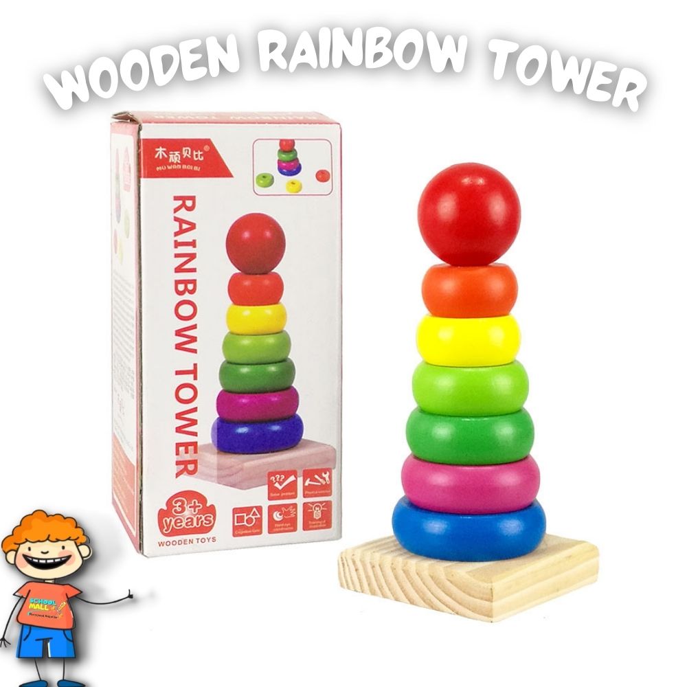 Baby Kids Wooden Toy Stacking Ring Rainbow Tower for Early Educational ...