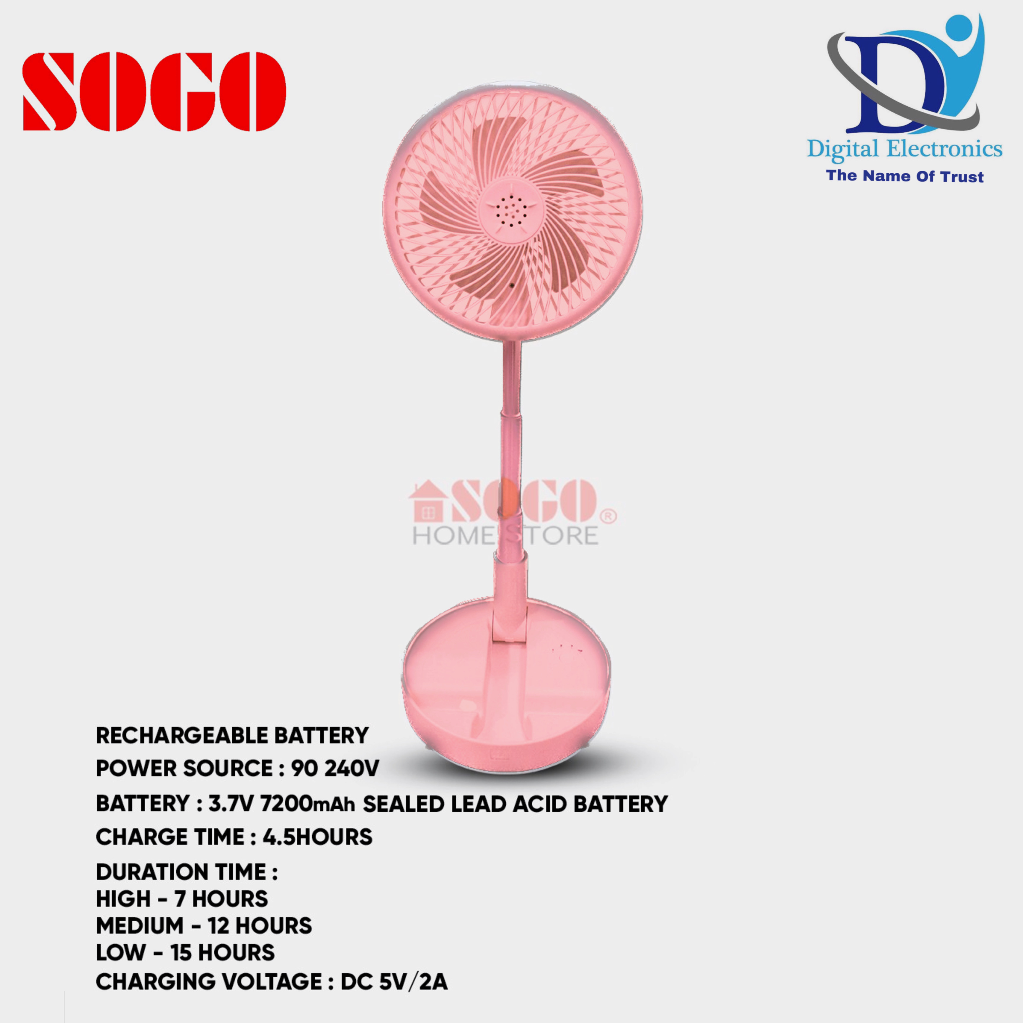 SOGO Rechargeable Desk/Table USB Portable Fan With Height Adjustment ...
