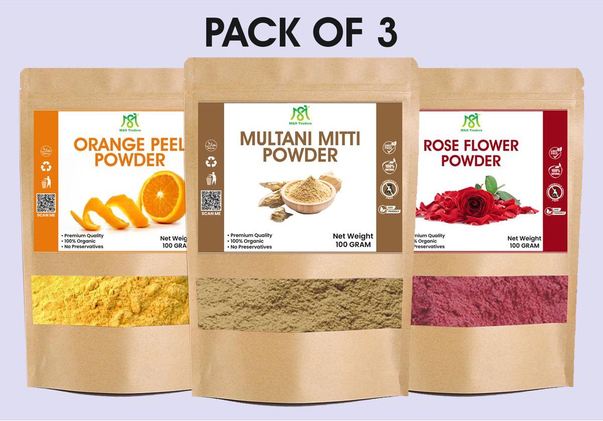 Pack of 3 - Organic Multani Mitti Powder + Rose Flower Powder | Gulab ...
