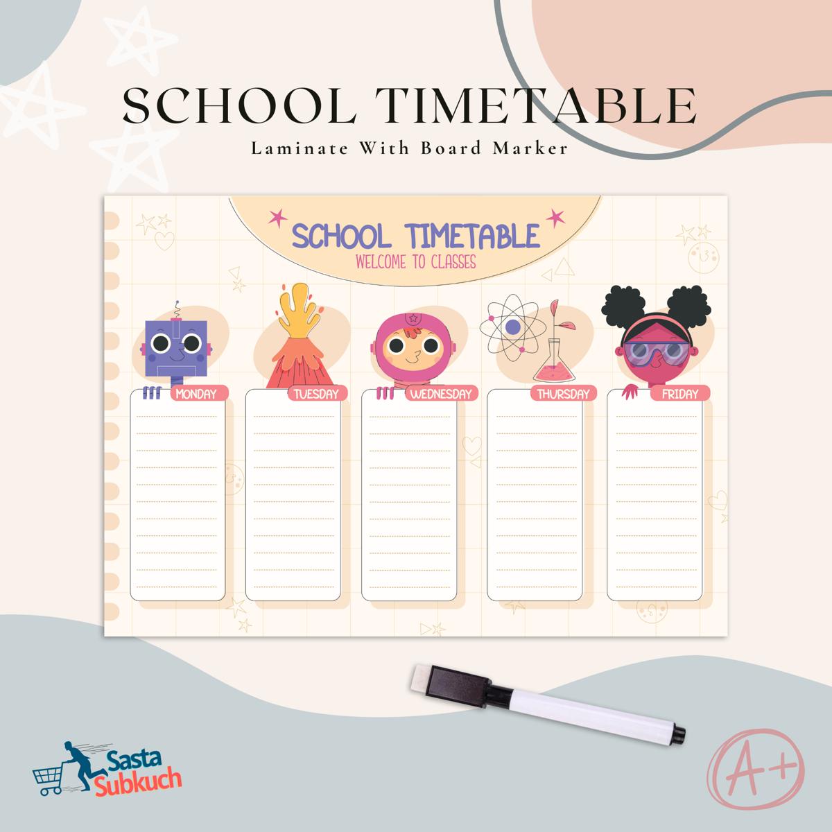 School Timetable A4 Size Laminate With Board Marker wall planner | Daraz.pk