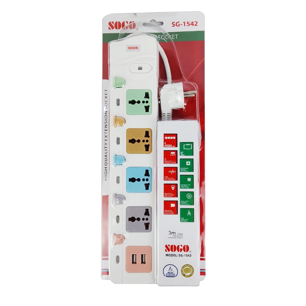 SOGO Extension Socket With 4 Socket & 2 USB Port - 3m Cable SG-1542 ...