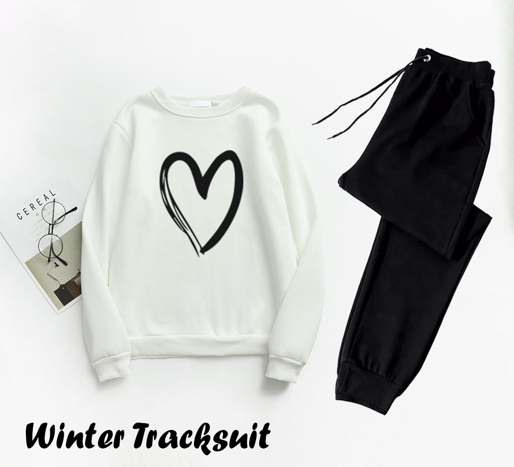 Heart Printed Fleece Winter Tracksuit Sweatshirt and Trouser For Women ...