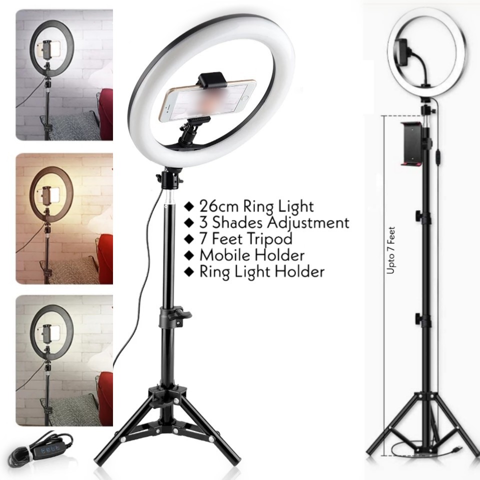 26cm Ring Light with 7ft Aluminium Tripod Stand & Mobile Holder (3 ...