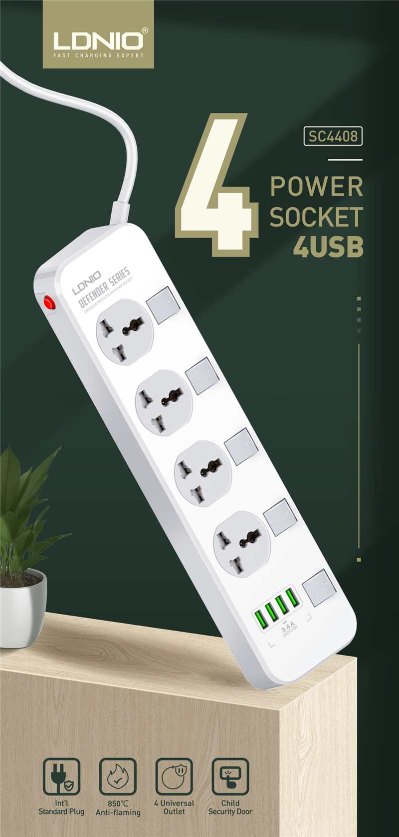 Buy LDNIO 10A 2500W Electrical Socket Switch Plug 4USB Smart Extension ...
