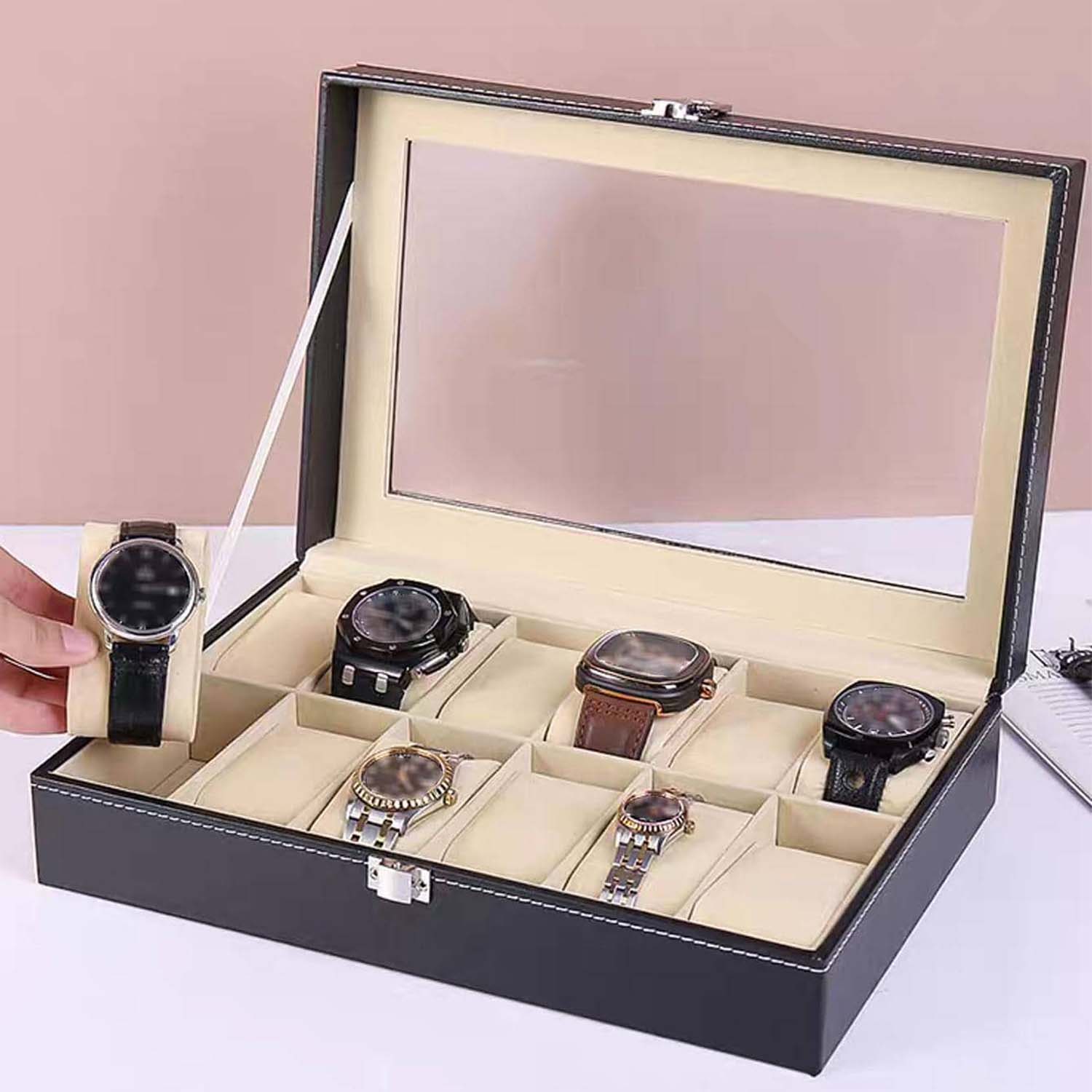 6/10/12 Grids Watch Box PU Leather Watch Display Case Storage Box ...
