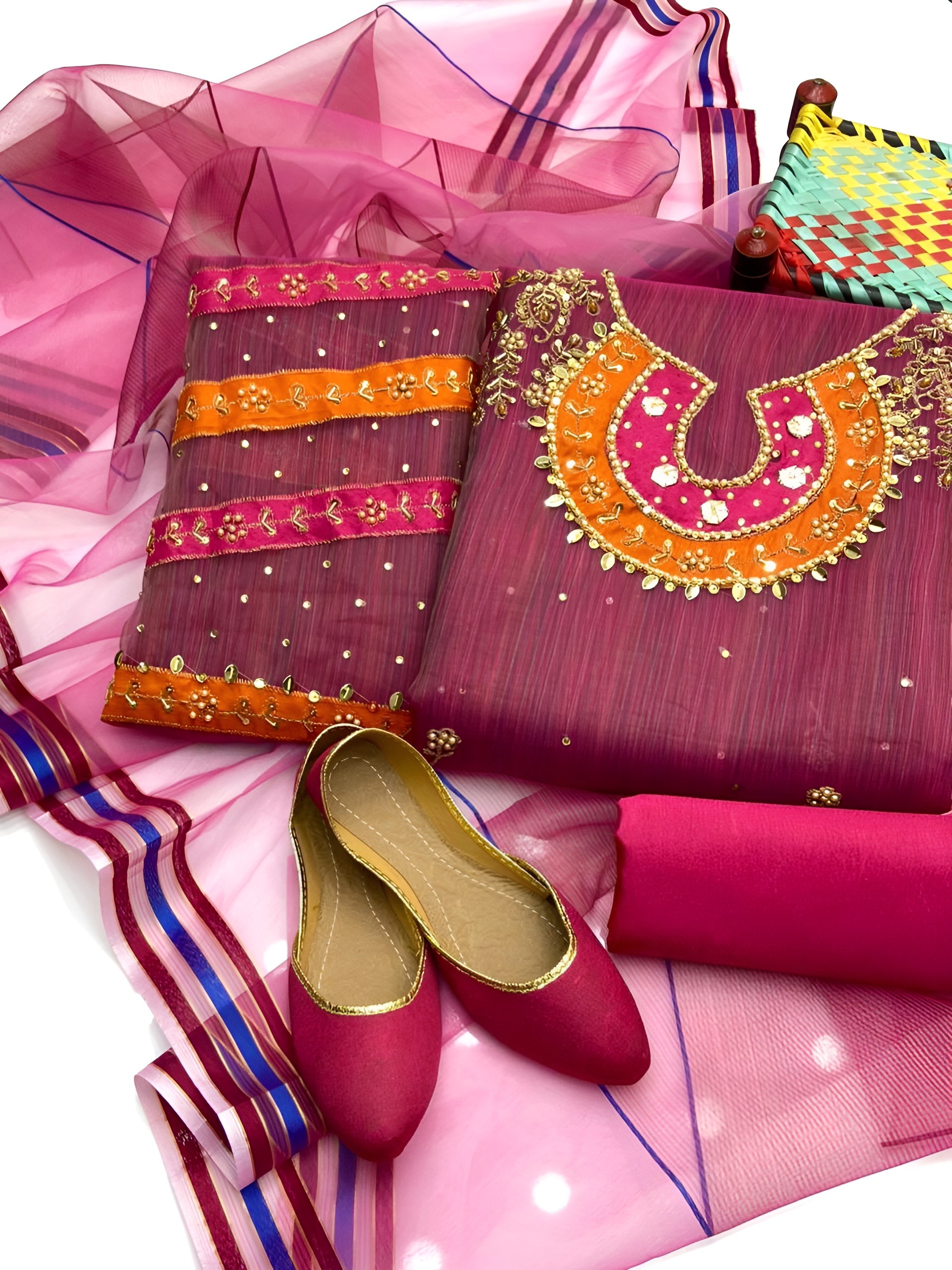 *New Collection 03 Pcs DRESS Rangoli Organza Handmade Shirt with Applic ...