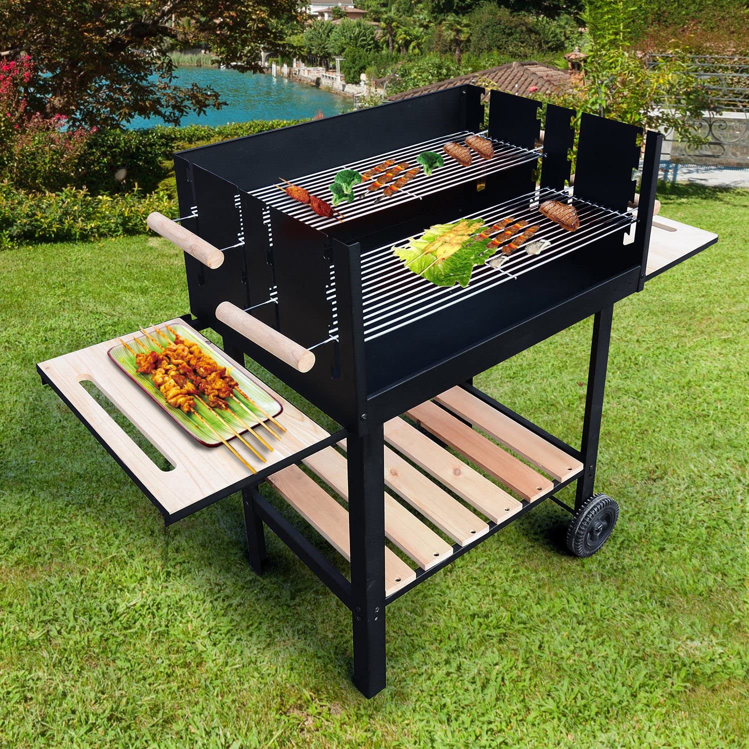 Portable Garden Outdoor Barbecue Charcoal Grill Rack Smoker with Wheels ...