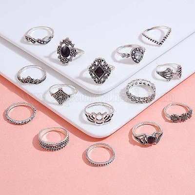 15Pcs/Set Alloy Silver Black Stone Party Anillo/Crown Elephant Rings ...